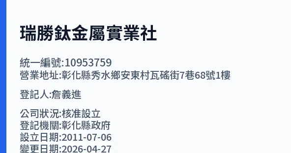 瑞勝鈦金屬實業社的照片-統編 10953759(彰化縣) 公司登記資料與營業項目詳細圖表