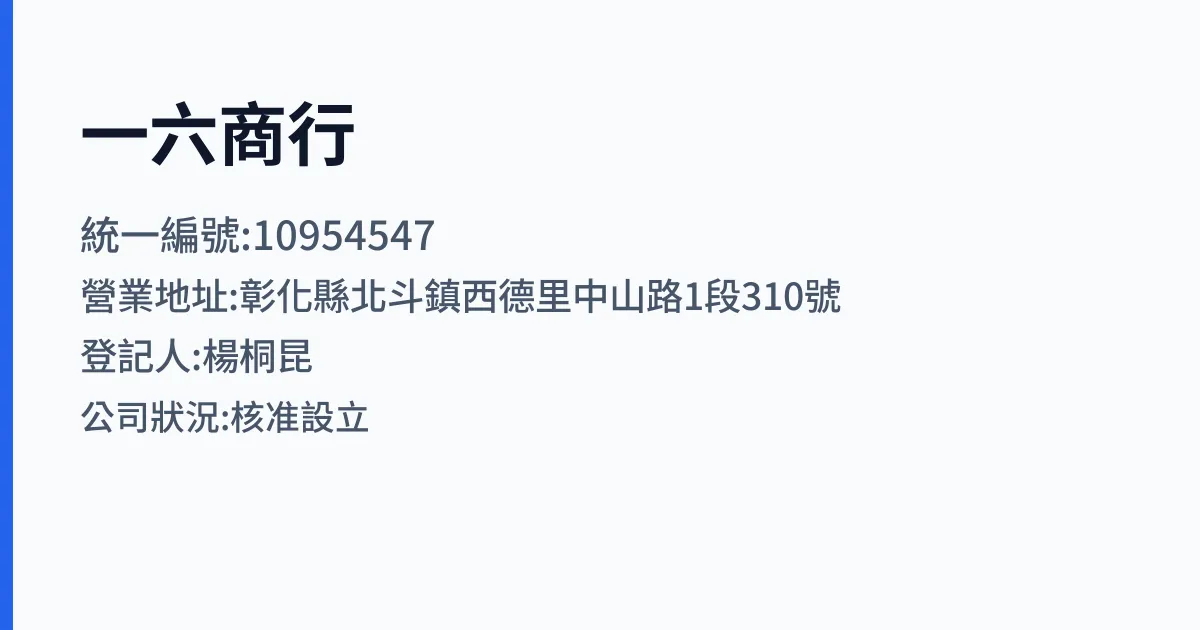 一六商行 - 統編 10954547(彰化縣) 公司登記資料與營業項目詳細圖表