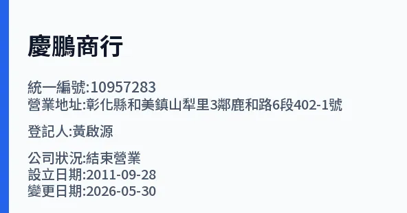 慶鵬商行的照片-統編 10957283(彰化縣) 公司登記資料與營業項目詳細圖表