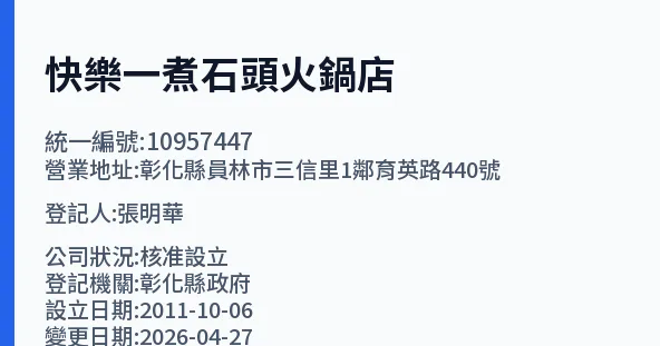 快樂一煮石頭火鍋店的照片-統編 10957447(彰化縣) 公司登記資料與營業項目詳細圖表