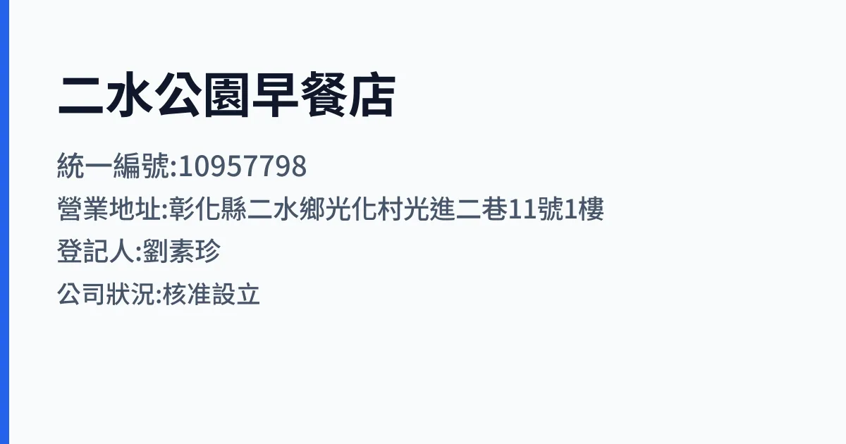 二水公園早餐店 - 統編 10957798(彰化縣) 公司登記資料與營業項目詳細圖表