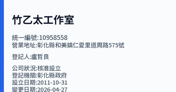 竹乙太工作室的照片-統編 10958558(彰化縣) 公司登記資料與營業項目詳細圖表
