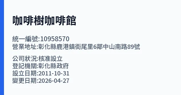 咖啡樹咖啡館的照片-統編 10958570(彰化縣) 公司登記資料與營業項目詳細圖表