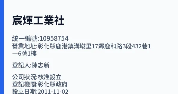 宸煇工業社的照片-統編 10958754(彰化縣) 公司登記資料與營業項目詳細圖表