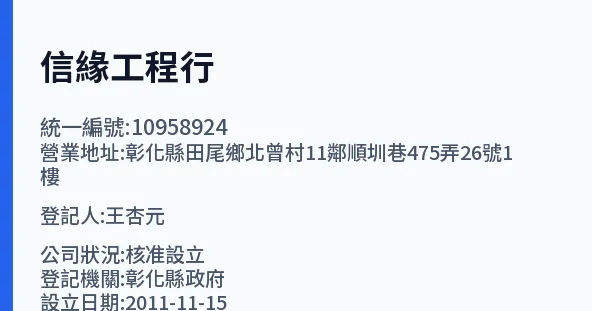 信緣工程行的照片-統編 10958924(彰化縣) 公司登記資料與營業項目詳細圖表