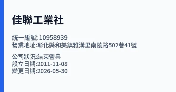 佳聯工業社的照片-統編 10958939(彰化縣) 公司登記資料與營業項目詳細圖表