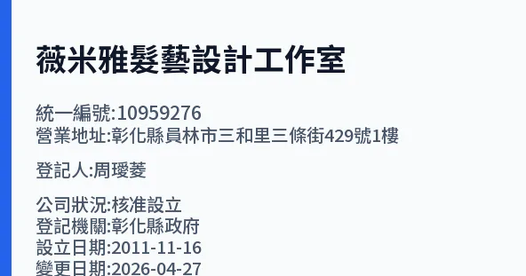 薇米雅髮藝設計工作室的照片-統編 10959276(彰化縣) 公司登記資料與營業項目詳細圖表