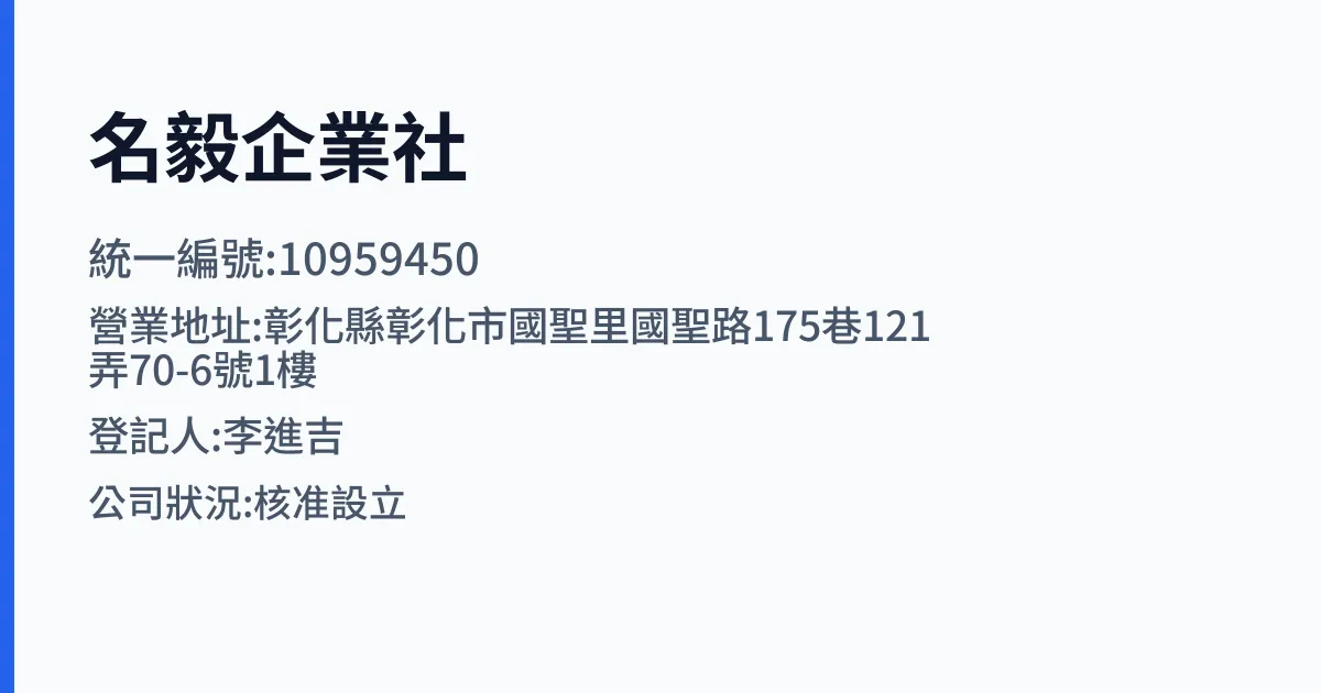 名毅企業社 - 統編 10959450(彰化縣) 公司登記資料與營業項目詳細圖表