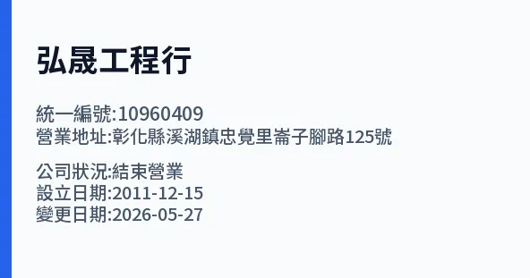 弘晟工程行的照片-統編 10960409(彰化縣) 公司登記資料與營業項目詳細圖表