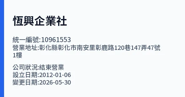 恆興企業社的照片-統編 10961553(彰化縣) 公司登記資料與營業項目詳細圖表