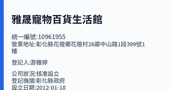雅晟寵物百貨生活館的照片-統編 10961955(彰化縣) 公司登記資料與營業項目詳細圖表