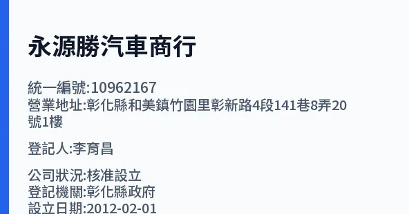 永源勝汽車商行的照片-統編 10962167(彰化縣) 公司登記資料與營業項目詳細圖表