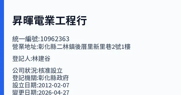 昇暉電業工程行的照片-統編 10962363(彰化縣) 公司登記資料與營業項目詳細圖表