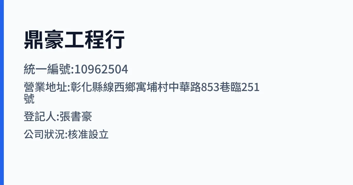 鼎豪工程行 - 統編 10962504(彰化縣) 公司登記資料與營業項目詳細圖表