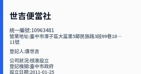 世吉便當社的照片-統編 10963481(臺中市) 公司登記資料與營業項目詳細圖表