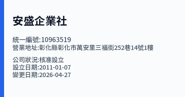 安盛企業社的照片-統編 10963519(彰化縣) 公司登記資料與營業項目詳細圖表