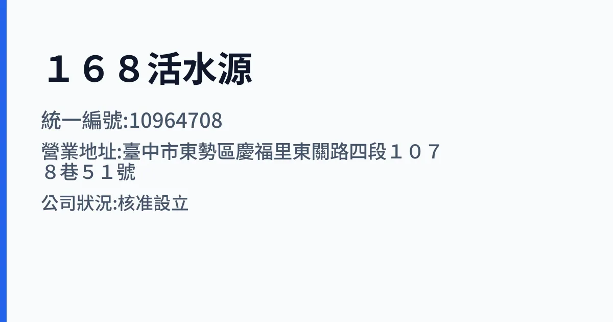 168活水源 - 統編 10964708(臺中市) 公司登記資料與營業項目詳細圖表