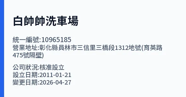 白帥帥洗車場的照片-統編 10965185(彰化縣) 公司登記資料與營業項目詳細圖表