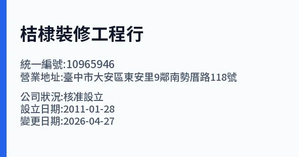 桔棣裝修工程行的照片-統編 10965946(臺中市) 公司登記資料與營業項目詳細圖表