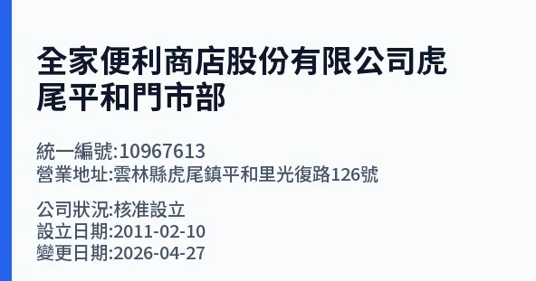 全家便利商店股份有限公司虎尾平和門市部的照片-統編 10967613(雲林縣) 公司登記資料與營業項目詳細圖表