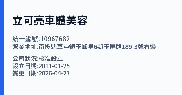 立可亮車體美容的照片-統編 10967682(南投縣) 公司登記資料與營業項目詳細圖表