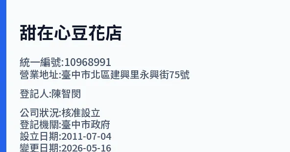甜在心豆花店的照片-統編 10968991(臺中市) 公司登記資料與營業項目詳細圖表