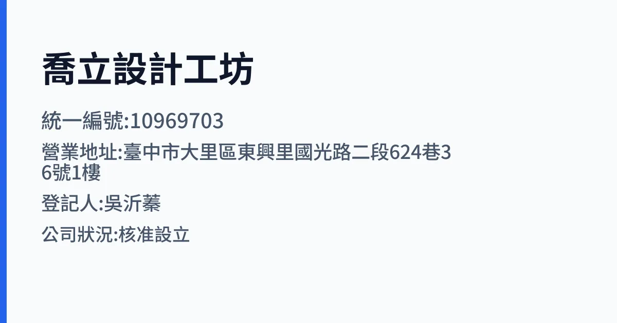 喬立設計工坊 - 統編 10969703(臺中市) 公司登記資料與營業項目詳細圖表