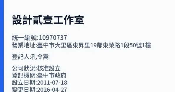 設計貳壹工作室的照片-統編 10970737(臺中市) 公司登記資料與營業項目詳細圖表