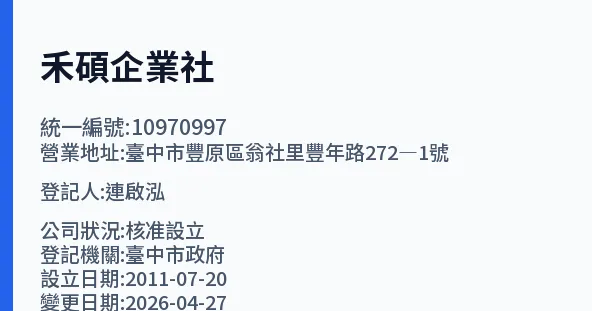 禾碩企業社的照片-統編 10970997(臺中市) 公司登記資料與營業項目詳細圖表