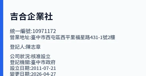 吉合企業社的照片-統編 10971172(臺中市) 公司登記資料與營業項目詳細圖表