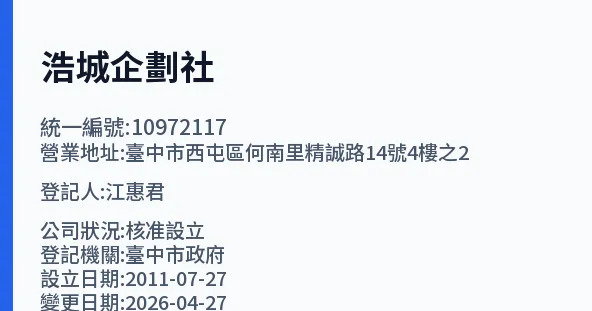 浩城企劃社的照片-統編 10972117(臺中市) 公司登記資料與營業項目詳細圖表