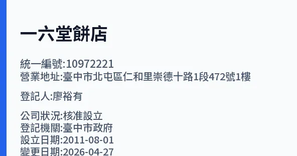 一六堂餅店的照片-統編 10972221(臺中市) 公司登記資料與營業項目詳細圖表