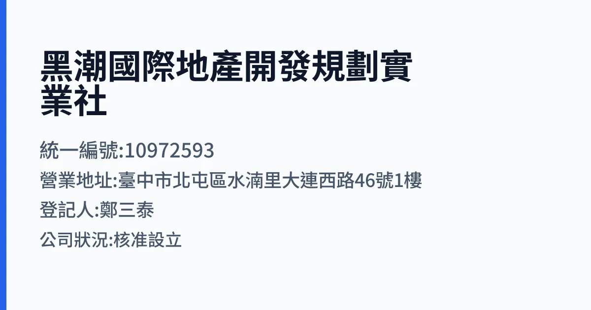 黑潮國際地產開發規劃實業社 - 統編 10972593(臺中市) 公司登記資料與營業項目詳細圖表