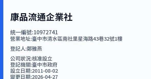康品流通企業社的照片-統編 10972741(臺中市) 公司登記資料與營業項目詳細圖表