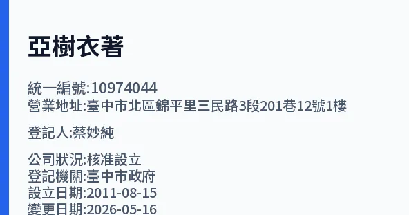 亞樹衣著的照片-統編 10974044(臺中市) 公司登記資料與營業項目詳細圖表