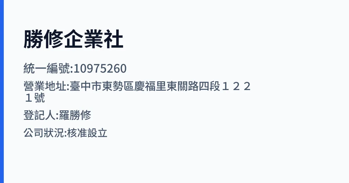 勝修企業社 - 統編 10975260(臺中市) 公司登記資料與營業項目詳細圖表