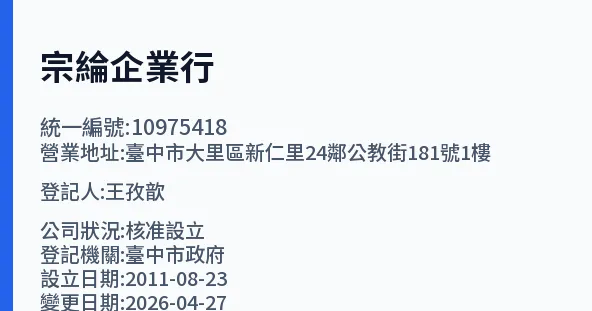 宗綸企業行的照片-統編 10975418(臺中市) 公司登記資料與營業項目詳細圖表