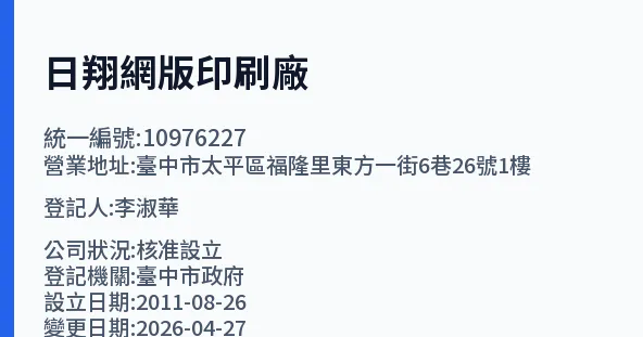 日翔網版印刷廠的照片-統編 10976227(臺中市) 公司登記資料與營業項目詳細圖表