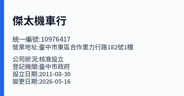 傑太機車行的照片-統編 10976417(臺中市) 公司登記資料與營業項目詳細圖表