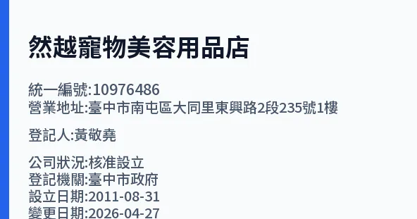 然越寵物美容用品店的照片-統編 10976486(臺中市) 公司登記資料與營業項目詳細圖表