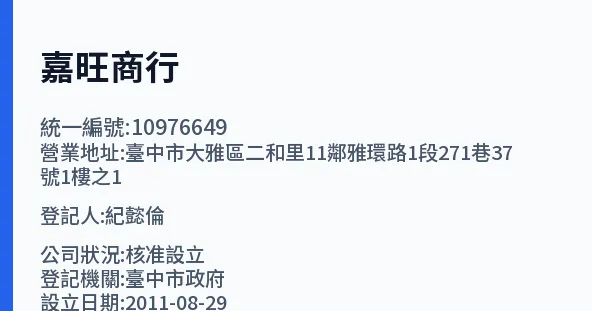 嘉旺商行的照片-統編 10976649(臺中市) 公司登記資料與營業項目詳細圖表