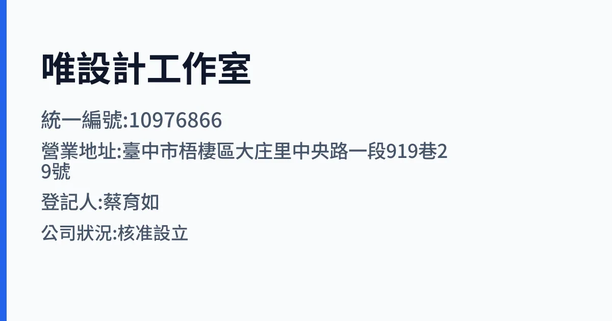 唯設計工作室 - 統編 10976866(臺中市) 公司登記資料與營業項目詳細圖表