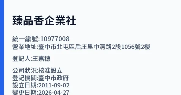 臻品香企業社的照片-統編 10977008(臺中市) 公司登記資料與營業項目詳細圖表