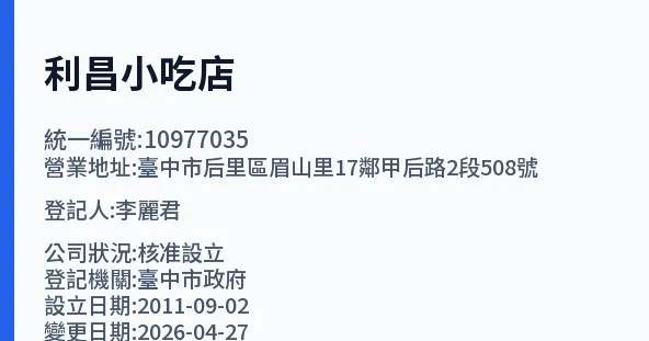 利昌小吃店的照片-統編 10977035(臺中市) 公司登記資料與營業項目詳細圖表