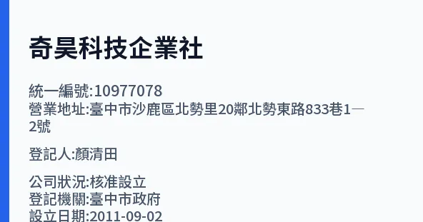奇昊科技企業社的照片-統編 10977078(臺中市) 公司登記資料與營業項目詳細圖表