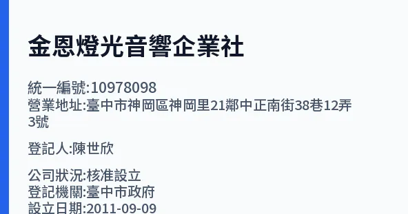 金恩燈光音響企業社的照片-統編 10978098(臺中市) 公司登記資料與營業項目詳細圖表