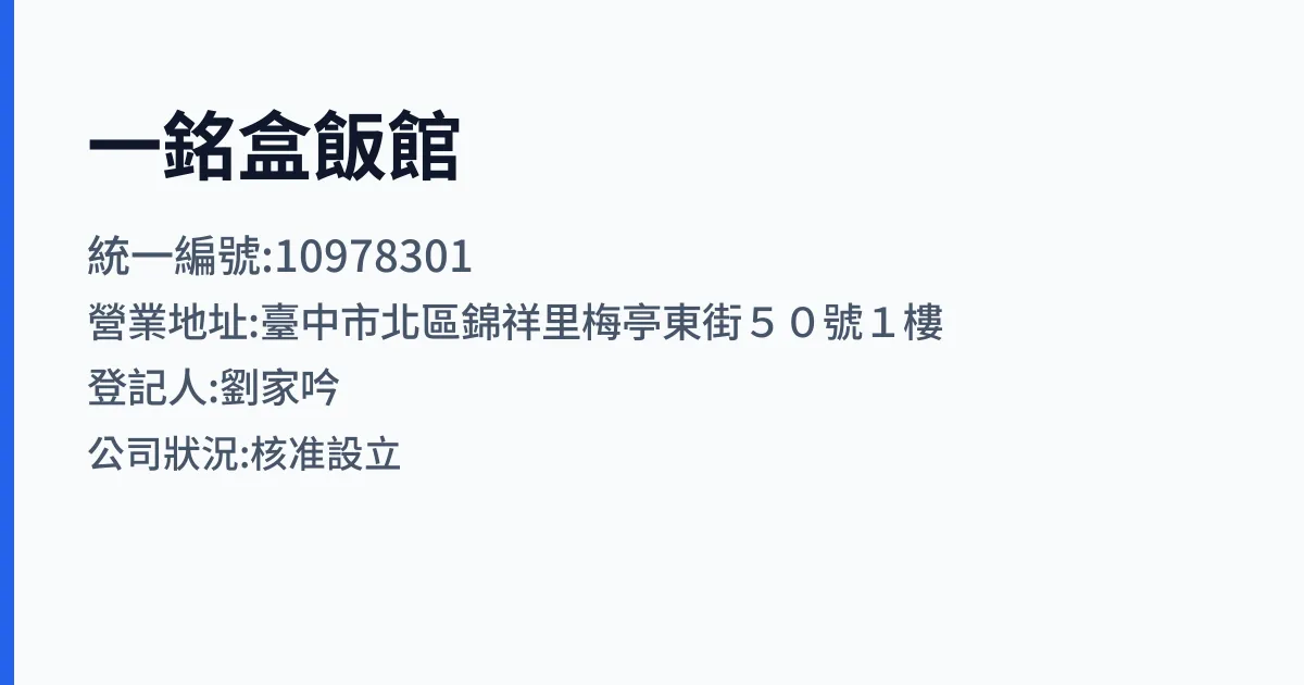一銘盒飯館 - 統編 10978301(臺中市) 公司登記資料與營業項目詳細圖表