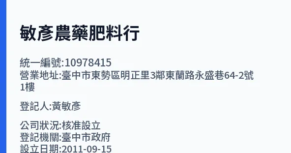 敏彥農藥肥料行的照片-統編 10978415(臺中市) 公司登記資料與營業項目詳細圖表