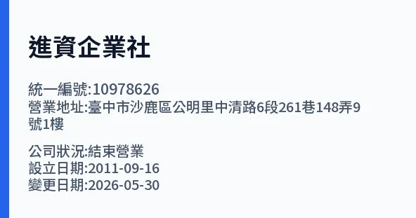 進資企業社的照片-統編 10978626(臺中市) 公司登記資料與營業項目詳細圖表