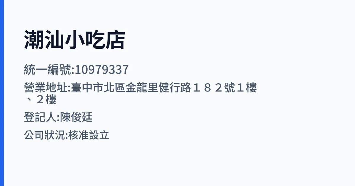 潮汕小吃店 - 統編 10979337(臺中市) 公司登記資料與營業項目詳細圖表